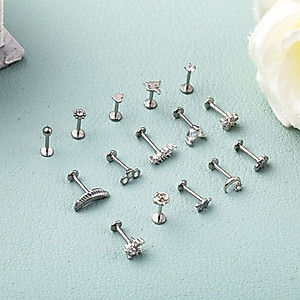 NICEIGHT 15PCS 16G 316L Stainless Steel Cartilage Earring Stud Internal Thread CZ Flower Moon Labret Studs Tragus Helix Monroe Piercing Jewelry Silver
