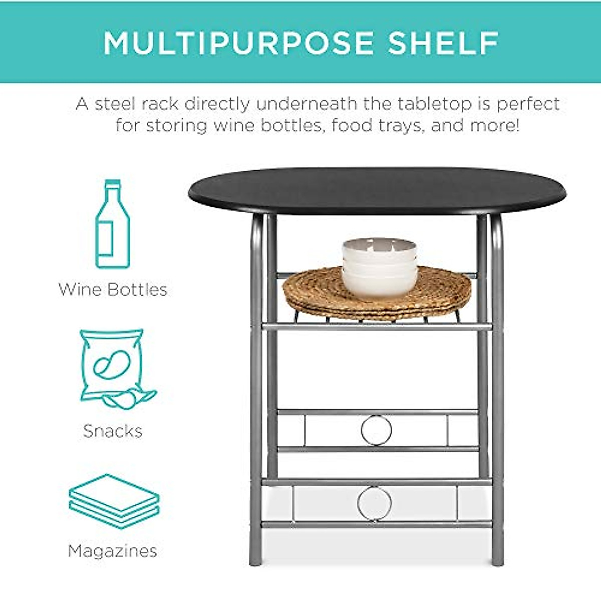 Best Choice Products 3-Piece Wooden Round Table & Chair Set for Kitchen, Dining Room, Compact Space w/Steel Frame, Built-in Wine Rack - Black/Silver