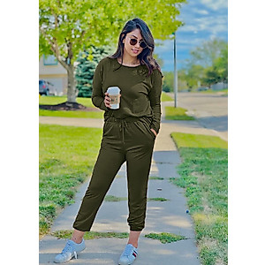 PRETTYGARDEN Women's 2024 Fall Two Piece Outfit Long Sleeve Crewneck Pullover Tops and Long Pants Tracksuit (Army Green,Medium)
