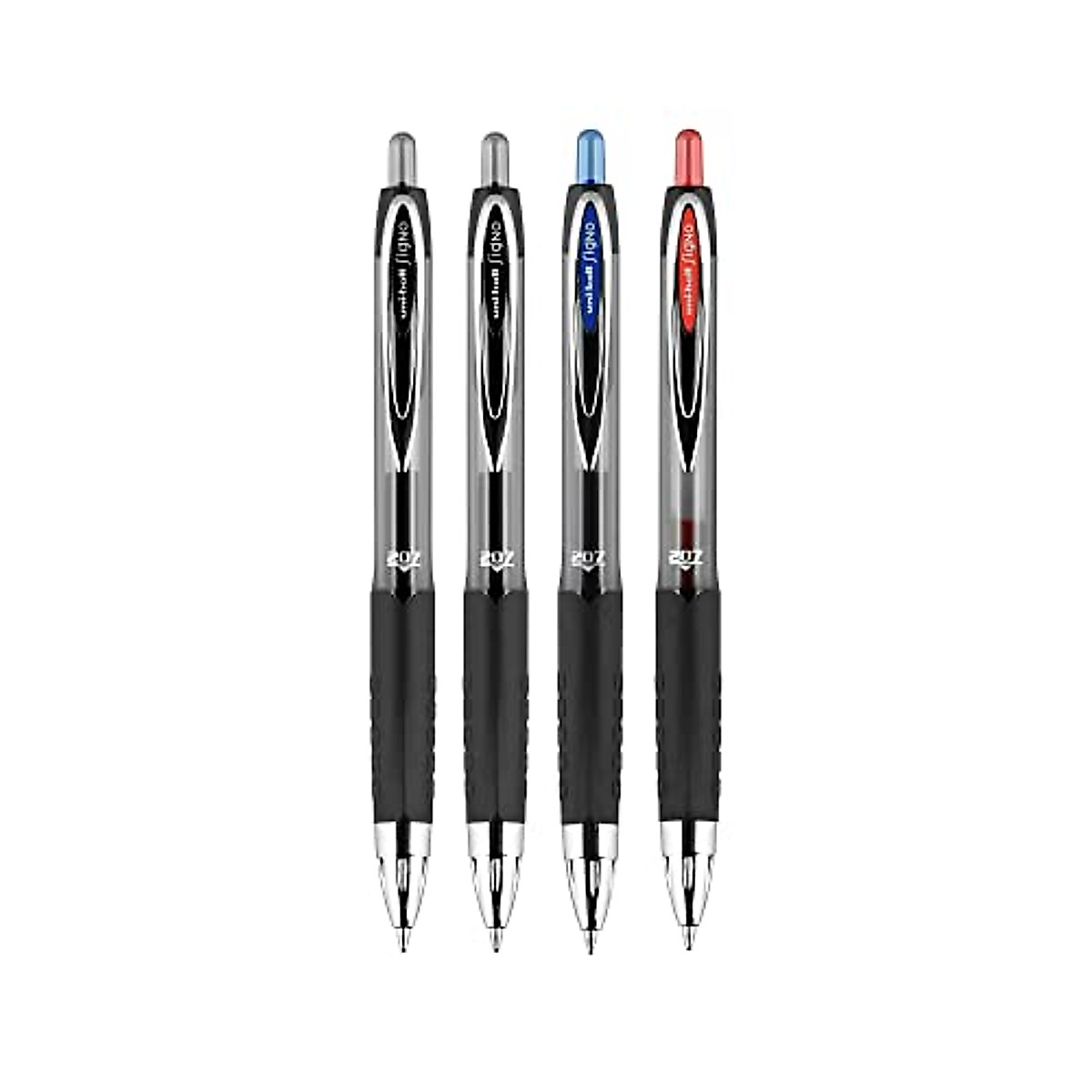 uni-ball® 207™ Retractable Fraud Prevention Gel Pens, Medium Point, 0.7 mm, Black Barrels, Assorted Ink Colors, Pack Of 4