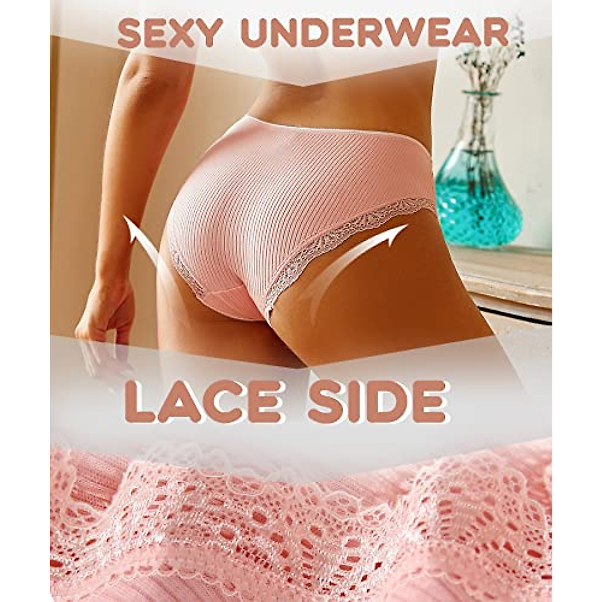 FINETOO Womens Cotton Underwear Sexy Lace Bikini Panties Low Rise Soft Stretch ladies Cotton Cheeky Hipster 4 Pack(4A,M)
