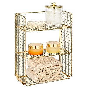 mDesign Metal Wire 3-Tier Hanging Shelf for Bathroom Storage - Wall Mounted Decorative Shelves - Floating Metal Bathroom Shelf Basket - Bathroom Wall Shelving - Concerto Collection - Soft Brass