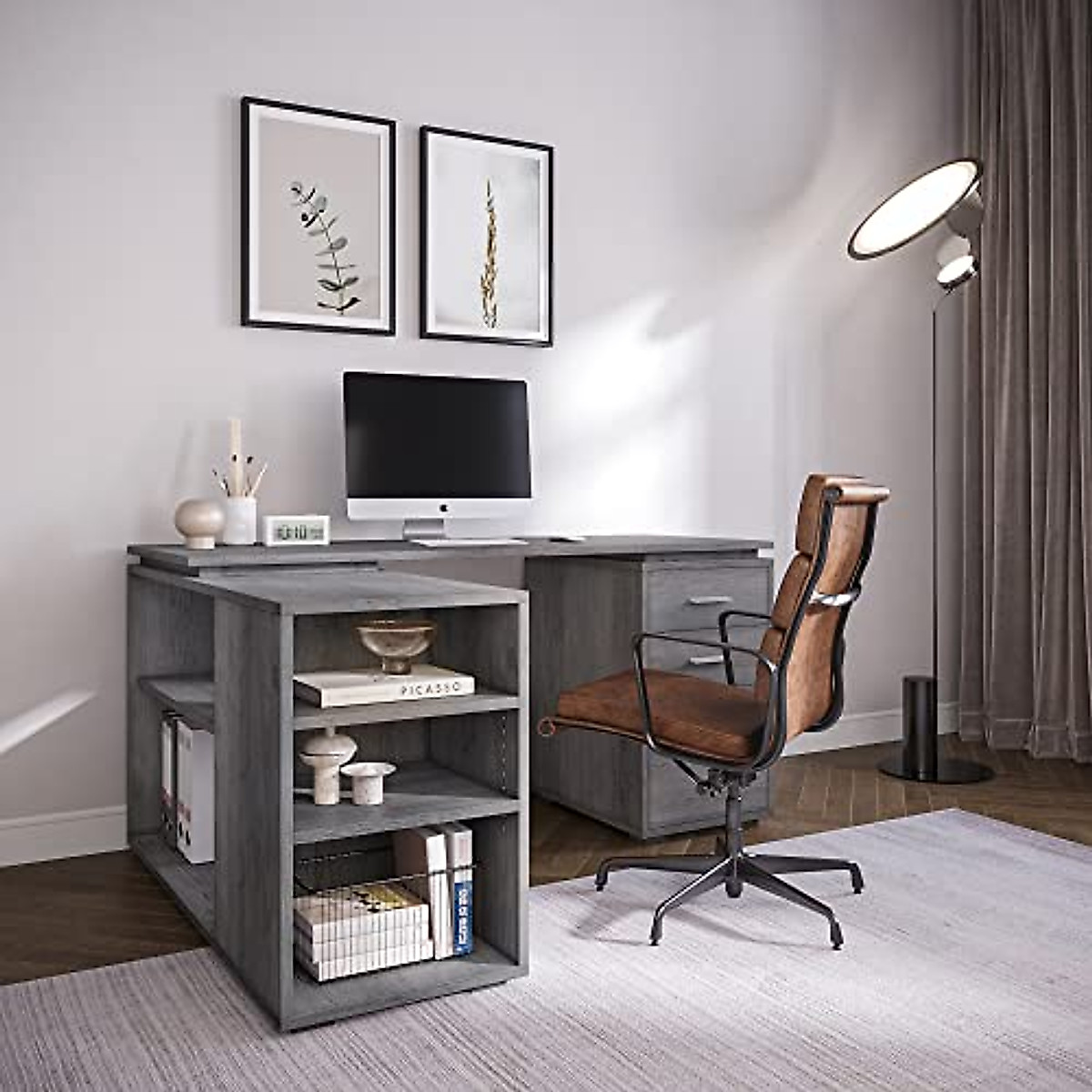 BELLEZE L Shaped Computer Desk, 60” Study Writing Table Home Office Desk Morden Corner Workstation Setup with Adjustable Storage Shelves and 3 Drawers, Gray Wash