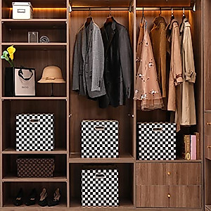 Fboxac Cube Storage Bins 13×13 Polyester Foldable Box with Handles, Collapsible Organization Basket Set of 4 Large Capacity Drawer for Closet Shelf Cabinet Bookcase Bedroom, Checkerboard Black & White