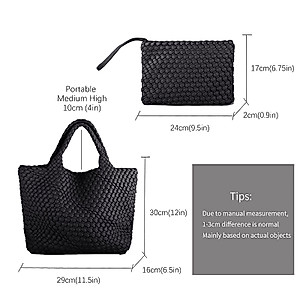 Woven Tote Bag, Women Macaron Soft Leather Weave Handbag Purse Wrist Bag Large Capacity Work Shopping Travel Daily (Black)