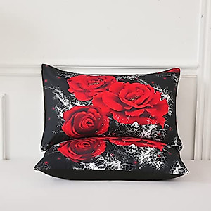 Djoymock Rose Duvet Cover Set Queen Red Floral Printed Bedding Set 3 Pieces Reversible Soft Microfiber Romantic Comforter Cover Set Home Decor for All Season (1 Duvet Cover + 2 Pillowcases) 90"x90"