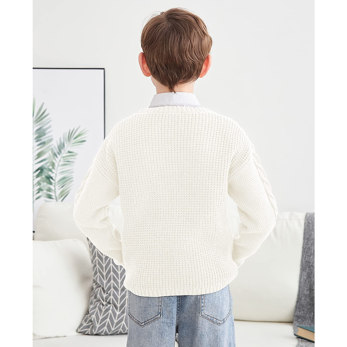 Kid Boys Girls Crewneck Pullover Sweater Long Sleeve Solid Color Chunky Jumper Knit Pullover Outwear,White,7-8 Years