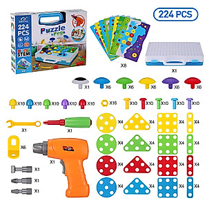 Haifeng STEM Educational Toys for 3-8 Year Old, Creative Mosaic Drill Set for Kids, DIY Electric Drill Puzzle Toys, 3D Construction Games with Toy Drill, Engineering Building Kits for Boys and Girls