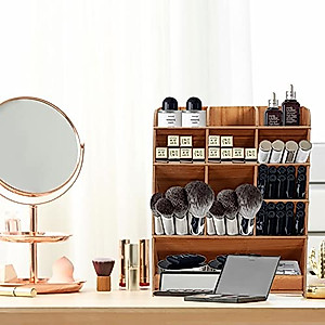 ShellKingdom Wooden Desk Organizer, Desktop Stationery Holder for Pen Pencil Markers, Makeup Brushes, Lipsticks Storage, with 13 Compartments for Home Office School