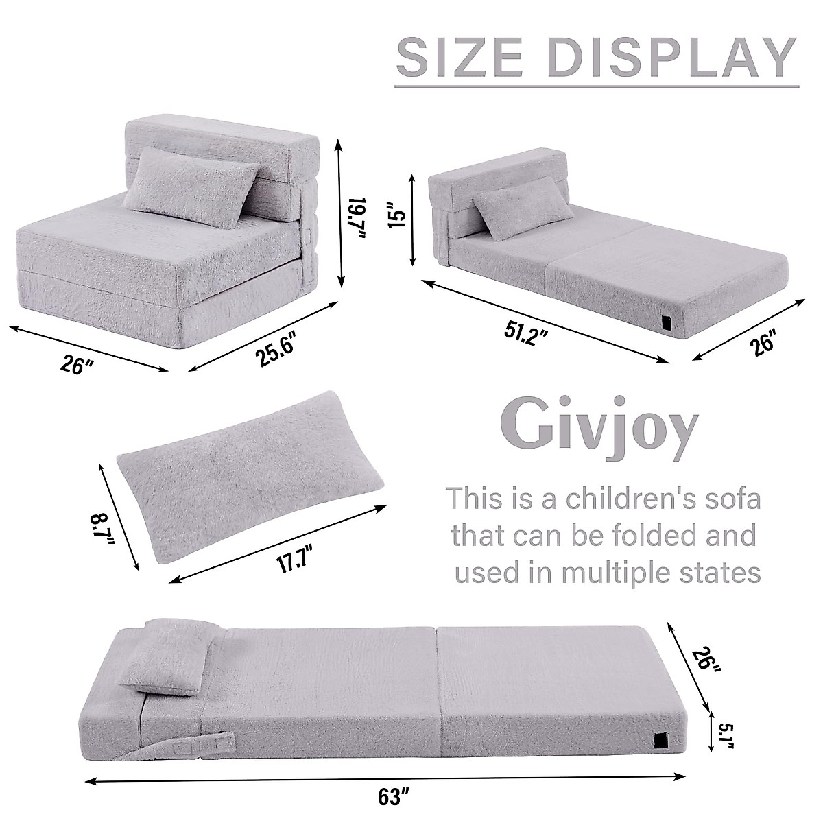 Givjoy Folding Sofa Bed Floor Mattress for Kids with Pillow, Toddler Washable Folding Floor Nap Mat for Sleeping Daycare, Child Fold Up Sofa Futon Folding Chair Bed with Storage Bag for Girls and Boys