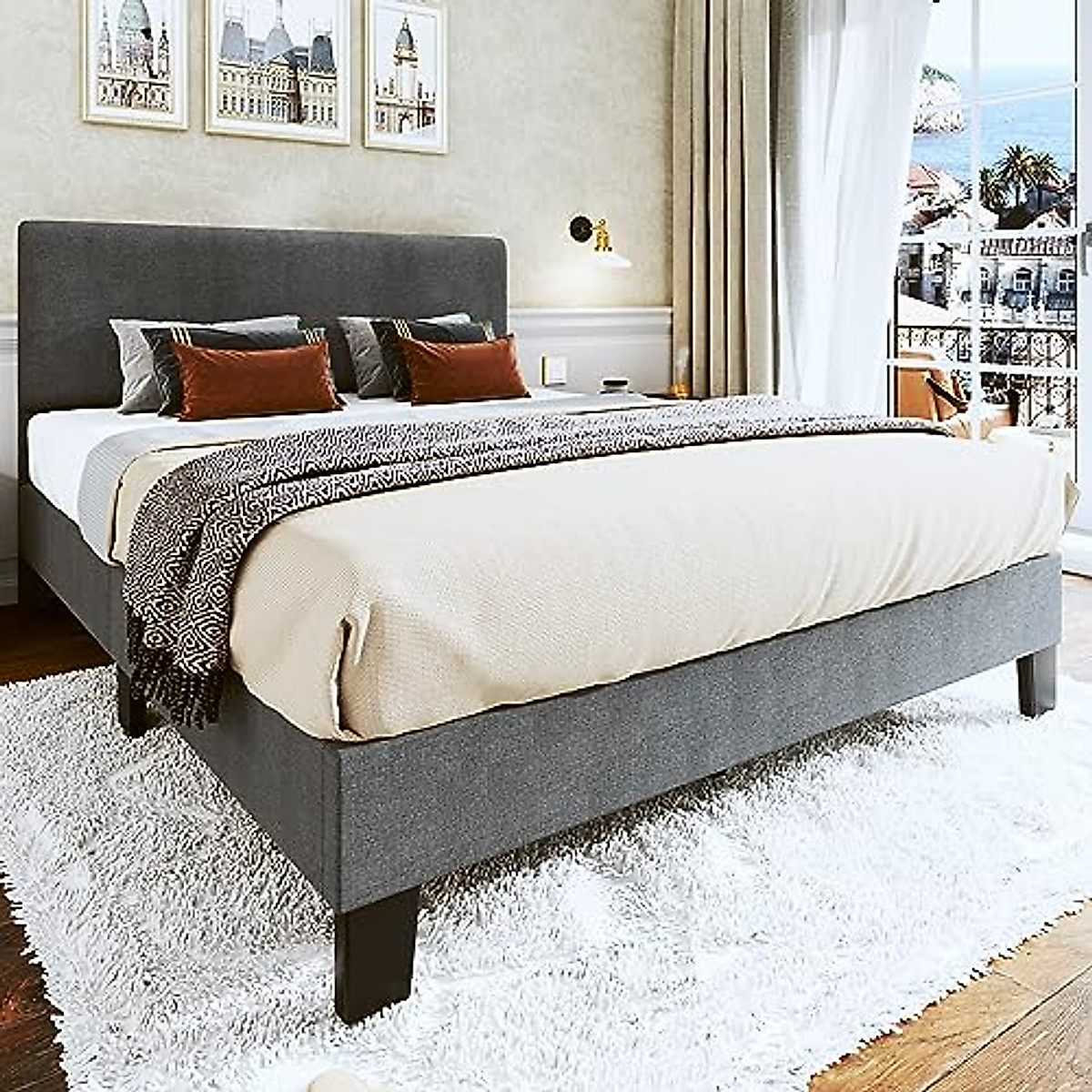 Fluest Queen Bed Frame Upholstered Bed Frame Platform with Adjustable Headboard Linen Fabric Headboard Wooden Slats Support/No Box Spring Needed/Easy Assembly/Mattress Foundation, Grey
