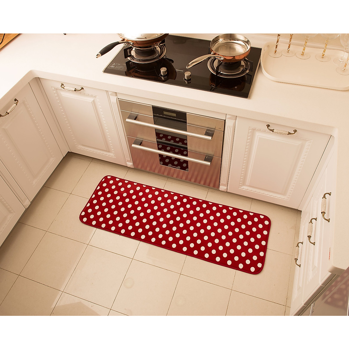 Aboo Kitchen Rugs 2 Pieces Memory Foam Kitchen Mat Non-Slip Red With White Dot (15.7"×23.6" + 15.7"×47.2" Red)
