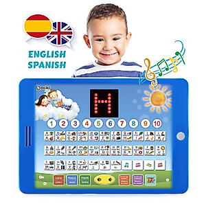 Boxiki kids Spanish-English Learning Bilingual Tablet Educational Toy with LED Screen Display. Learn Spanish and English with ABC Games and Spelling. Kids Love Our Interactive Educational Toys