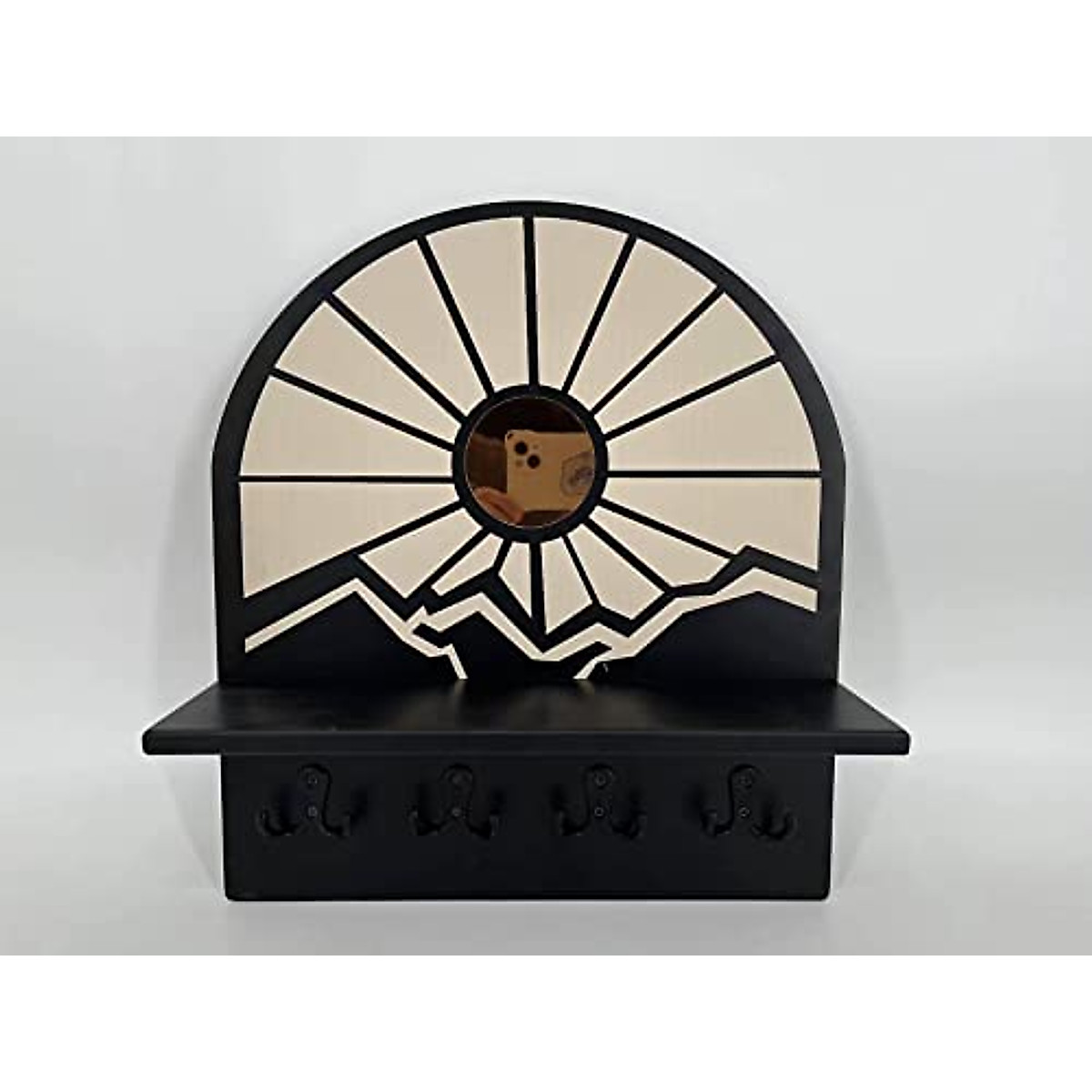 FF&YY Sunrise Design Unique Black Wall Shelf Entry Decor with Acrylic Mirror Decorative Coat Rack,Natural Wood Rustic Floating Shelf Unit Modern for Living Room,Bedroom,Bedroom, Kids Room and Kitchen