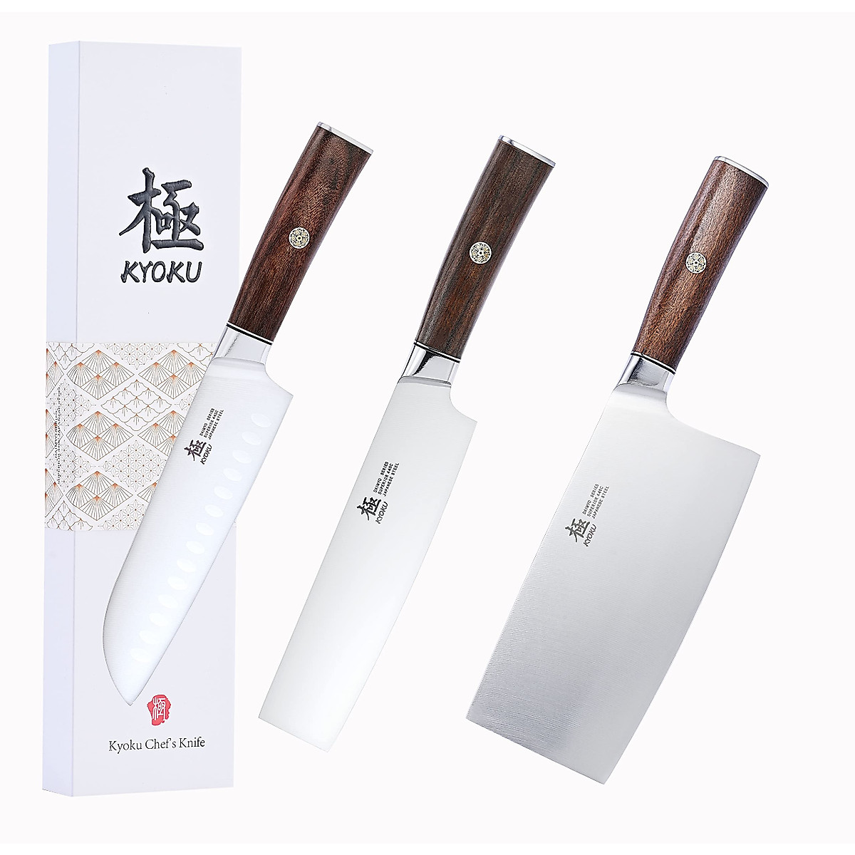 KYOKU Daimyo Series 7" Santoku Knife + 7'' Nakiri Knife + 7'' Cleaver - Japanese 440C Stainless Steel - Rosewood Handle