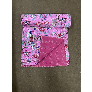 Indian Cotton Hand Stitched Kantha Birds Print Quilt Bedding Throw Bedcover Decorative Gudari Bedspread Queen Size Blanket Home KQ-52