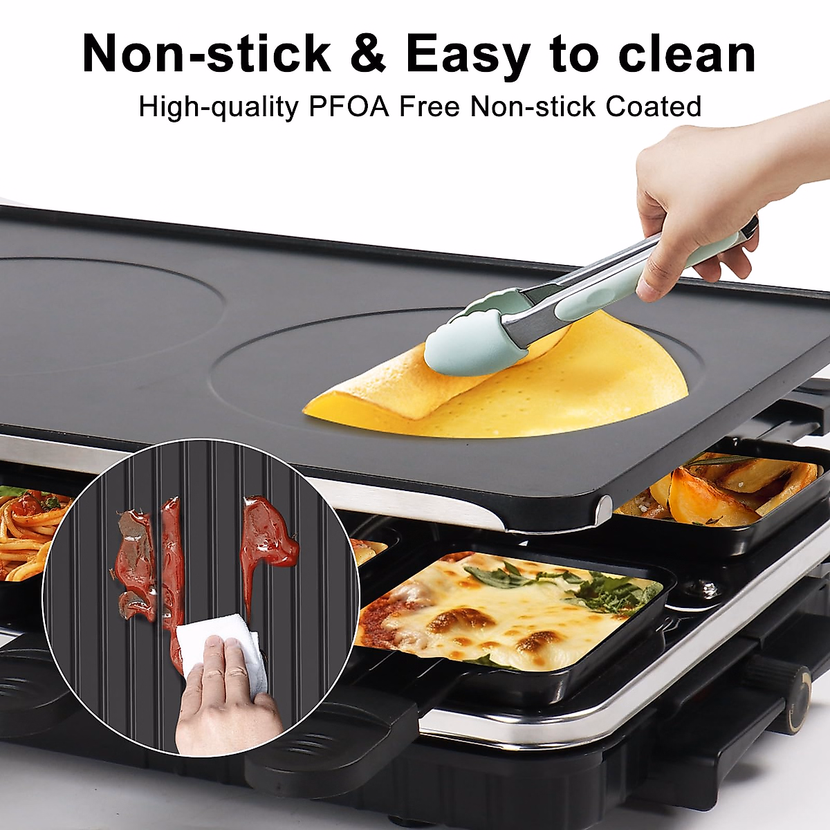Raclette Table Grill, Electric Griddle Korean BBQ Grill Indoor Grill, 2 in 1 Electric Griddle Nonstick with 8 Raclette Cheese Pans Adjustable Temperature Control 1300W Ideal for Family and Party Fun