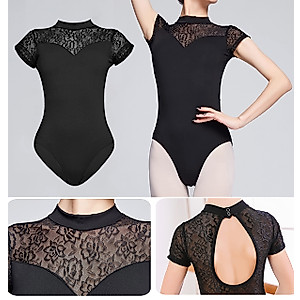 UTOWO Ballet Leotards for Women Black-Lace Short-Sleeve Dance Gymnastics Yoga Leotards with Elegant Swan collar (Small, Black)