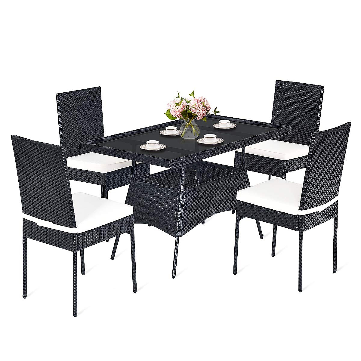 HAPPYGRILL 5-Piece Patio Dining Set Rattan Wicker Table Chairs Set with Cushions & Tempered Glass Table Top, Patio Furniture Outdoor Dining Set for Garden Poolside