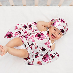 Toulite 5 Pcs Newborn Swaddle Set Girl Floral with Matching Muslin Baby Swaddle Blanket, Hat Hairband and Headband Bow, Wooden Birth Announcement Card for Boys Girls Infants Shower Gift