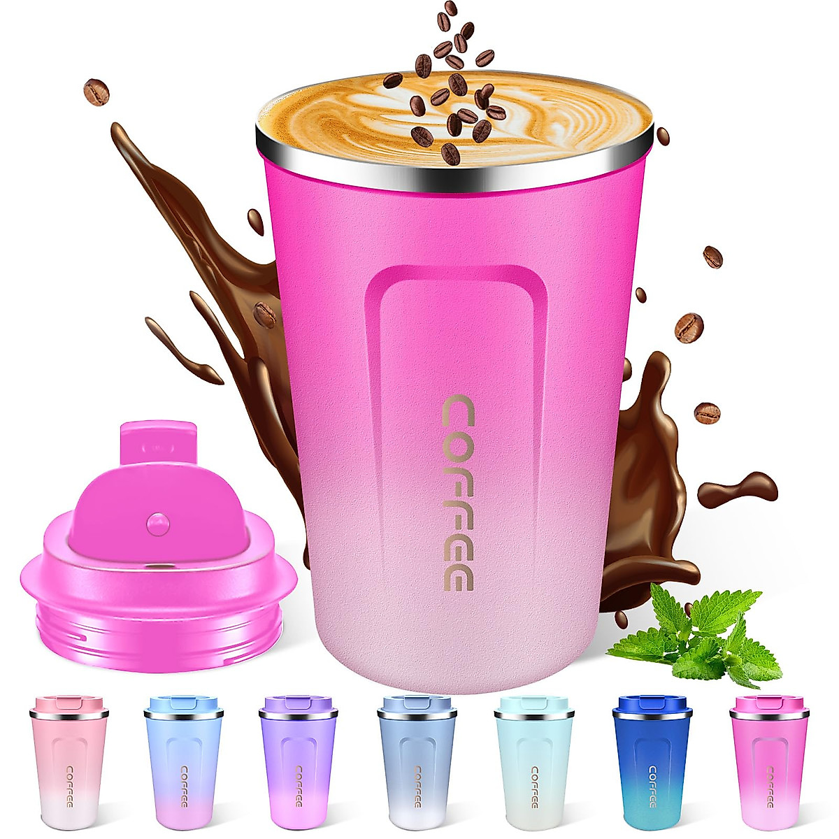 JTRYEMU Travel coffee mug 12 oz Insulated Coffee cup with lid reusable Leak proof Coffee Tumbler Stainless Steel Vacuum Gradient Colorful Thermos cup Thermal Keeps Cold and Hot for Coffee/Tea