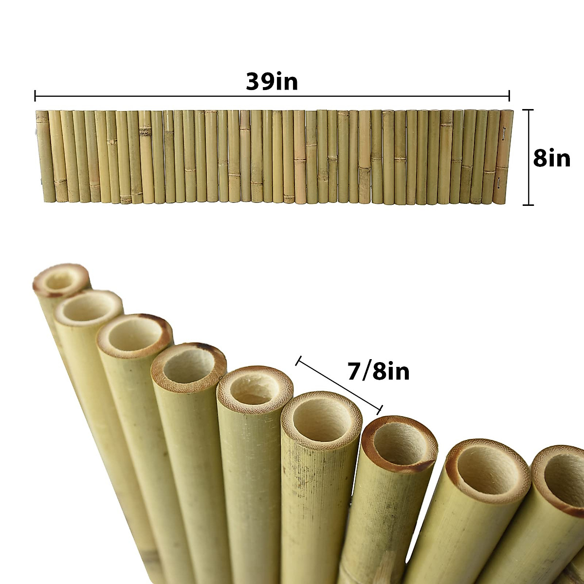 Jollybower 8x39IN Natural Bamboo Edging, Bamboo Garden Border Edging, Outdoor Landscape Edging for Decorative Garden, Patio Flower Garden Bed, Lawn, Yard, Pool Fences（1Pc with 3 Short Bamboo Poles）
