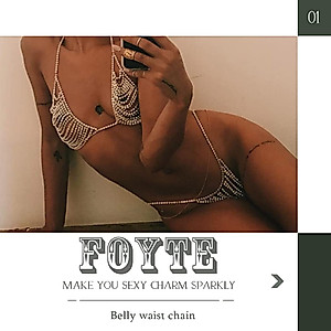 Foyte Boho Rhinestone Underwear Body Chain Gold Crystal Waist Body Chains Sexy Bikini Belly Body Jewelry Nightclub Sparkly Body Accessories for Women