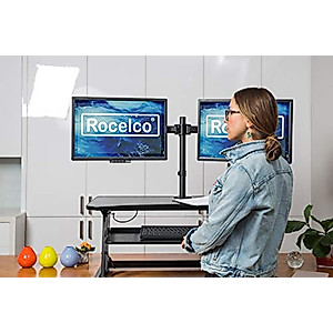 Rocelco 40" Large Height Adjustable Standing Desk Converter with Dual Monitor Mount BUNDLE - Quick Sit Stand Up Computer Workstation Riser - Retractable Keyboard Tray - Black (R DADRB-40-DM2)