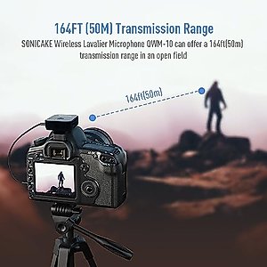SONICAKE Wireless Lavalier Microphone 2.4GHz 164 ft/50M Range 10 Hrs, Compact Wireless Mic System(1 TX +1 RX) for iPhone/Android/DSLR Camera,Vlog,Podcast,Live Streaming,Video Recording,Interview