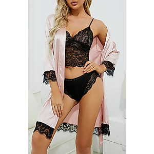 LYANER Women's 4pcs Sleepwear Satin Floral Lace Trim Cami Pajama Set with Robe Solid Pink Medium