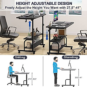 Height Adjustable Standing Desk with Power Outlets, 32" Manual Stand Up Desk with Storage Shelves Small Mobile Rolling Computer Desk Portable Laptop Table with Wheels for Home Office, Black