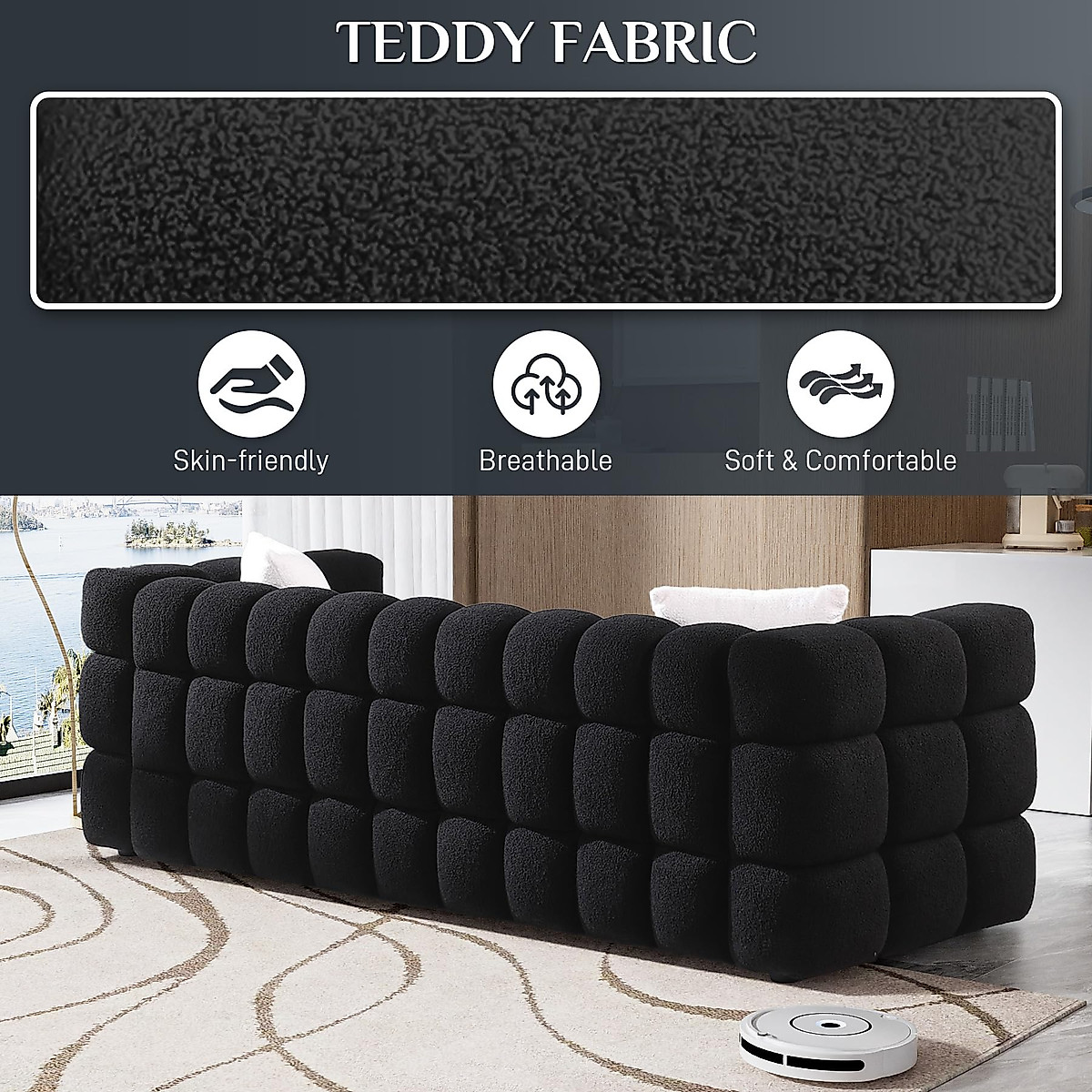 Wrofly 2 Piece Boucle Sofa Couch Set, Comfy Tufted 3 Seater and 2 Seater Love Seat Sofa for Living Room Apartment Office, Black