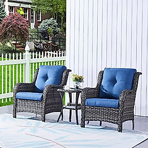 HUMMUH Outdoor Wicker Chairs PE Rattan Patio Dining Chairs Set of 2 High Back Curved Armrest Porch Chairs with 4 inch Seat Cushions (Grey Chairs with Blue Cushions, 35‘’D x 31''W x 35''H)