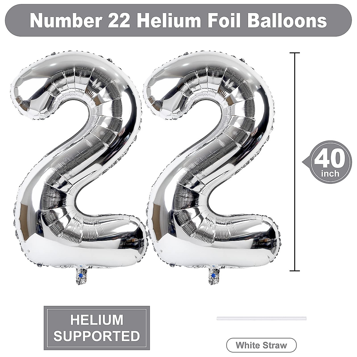 Huge Silver Balloon Number 22,40 Inch Silver 22nd Mylar Foil Helium Birthday Decoration Balloons，Silver 22 Balloons For Wedding Anniversary Birthday Party Decors,22Year Old Men Women Birthday Balloons