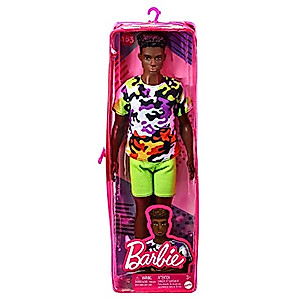 Barbie Fashionistas Ken Doll #123, Broad with Black Curly Hair Wearing Multi-Colored Camo Print Shirt, Neon Green Shorts & Silvery Sneakers