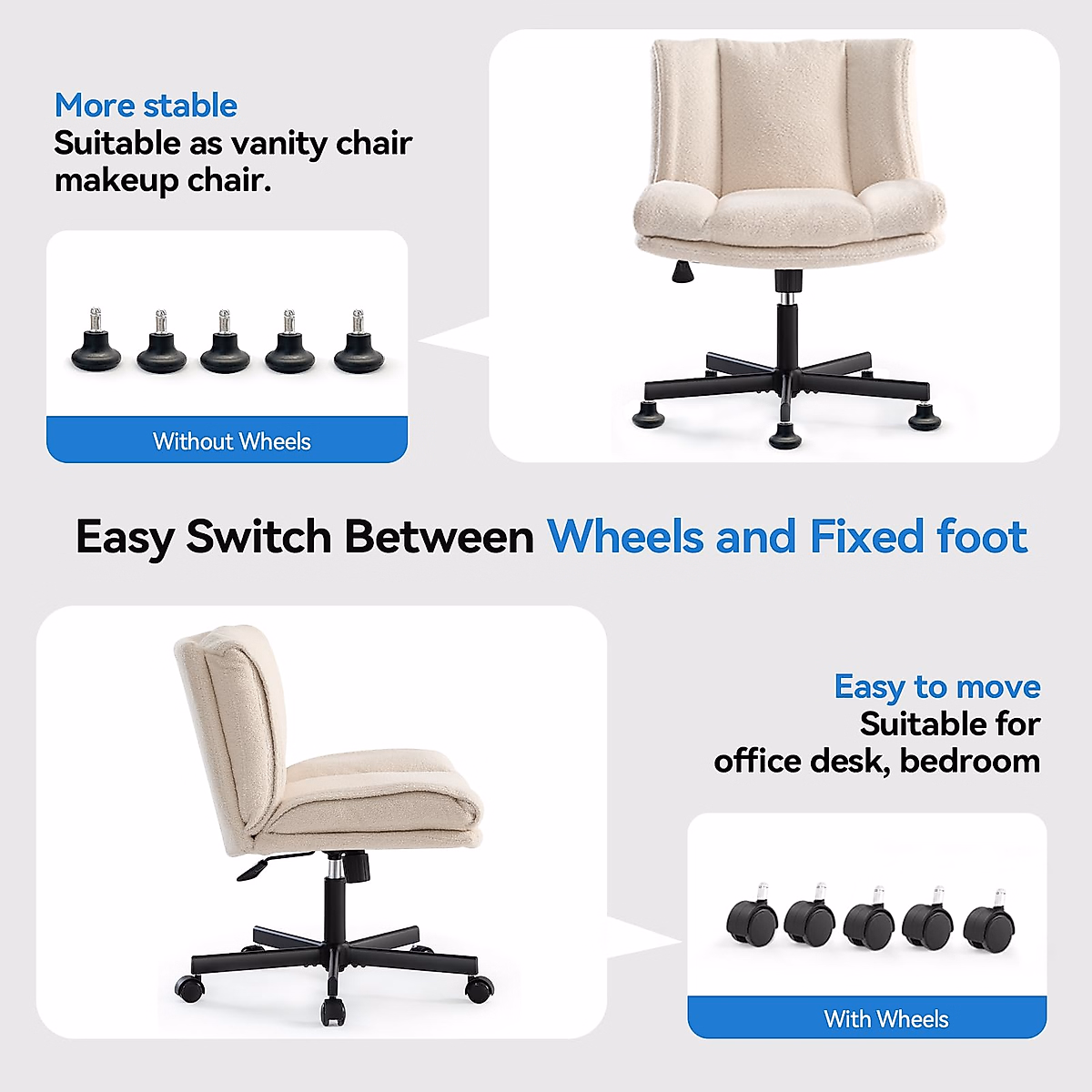 LEAGOO Criss Cross Chair with Wheels, Furry Armless Desk Chair, Comfy Wide Seat Cross Legged Office Chair, Stylish Height Adjustable Cute Swivel Vanity Chair for Home Office, Make Up, Cream White
