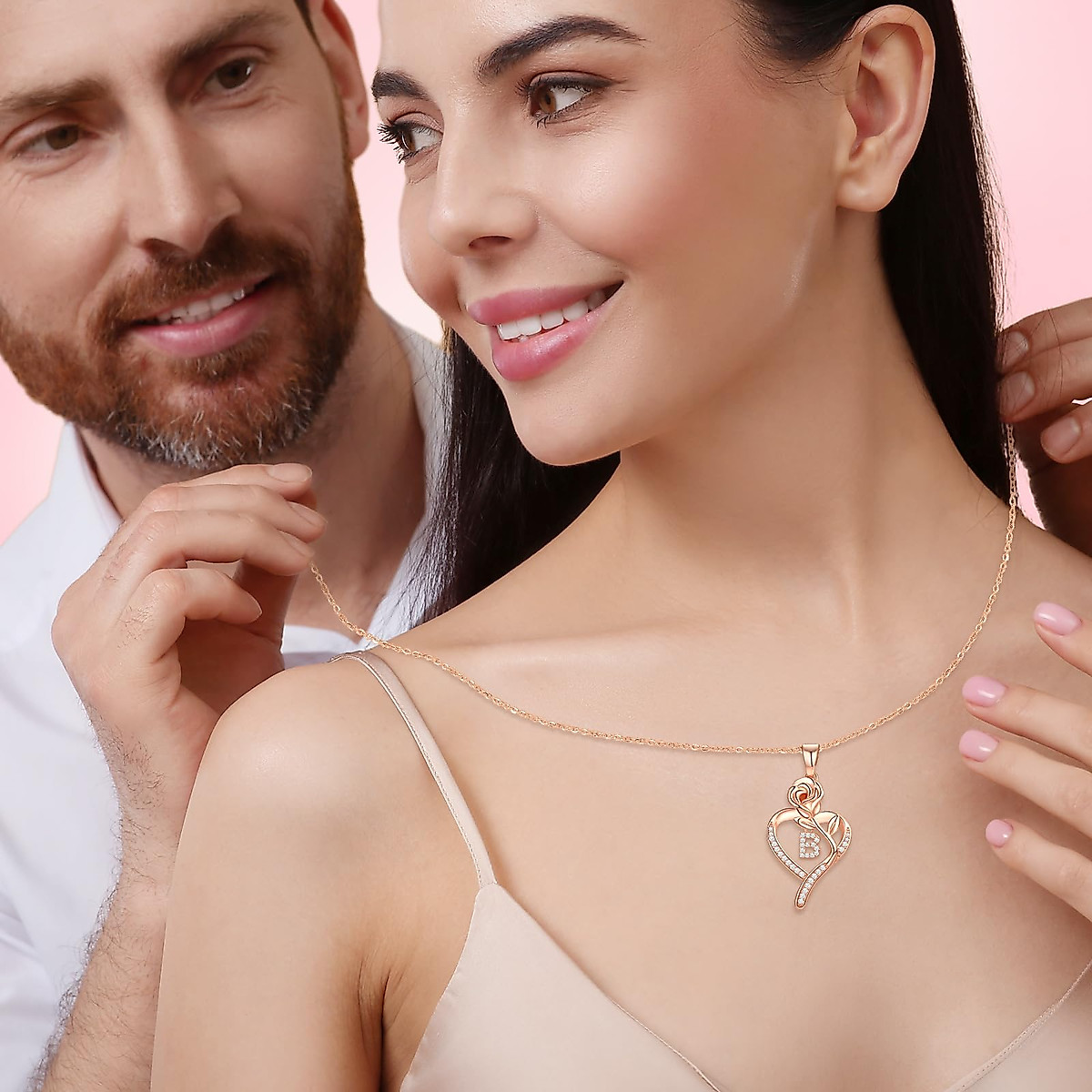 PAITAIN Rose Heart Initial Necklace for Women Necklace for Wife Girlfriend Mom Jewelry for Women-B