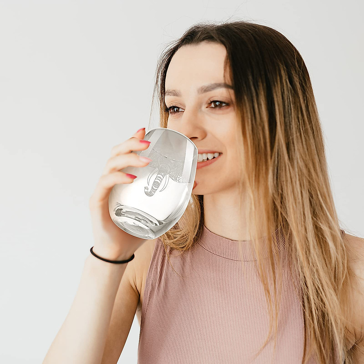 Cunhill 2 Pieces Elephant Stemless Wine Glass Hand Etched Elephant Glass Clear Stemless Wine Glass Coffee Cup, Presents for Women Men (15.2 oz, Classic Style)