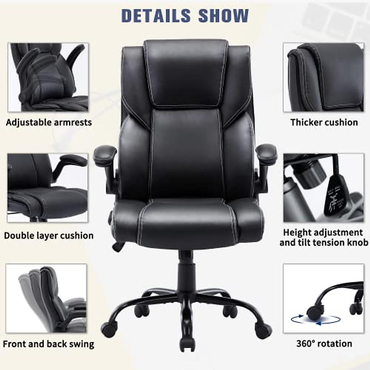 Leather Executive Office Chair, High Back Ergonomic Home Office Desk Chair with 360 Degree Swivel, Adjustable Height, Office Chair with Back Support, Black