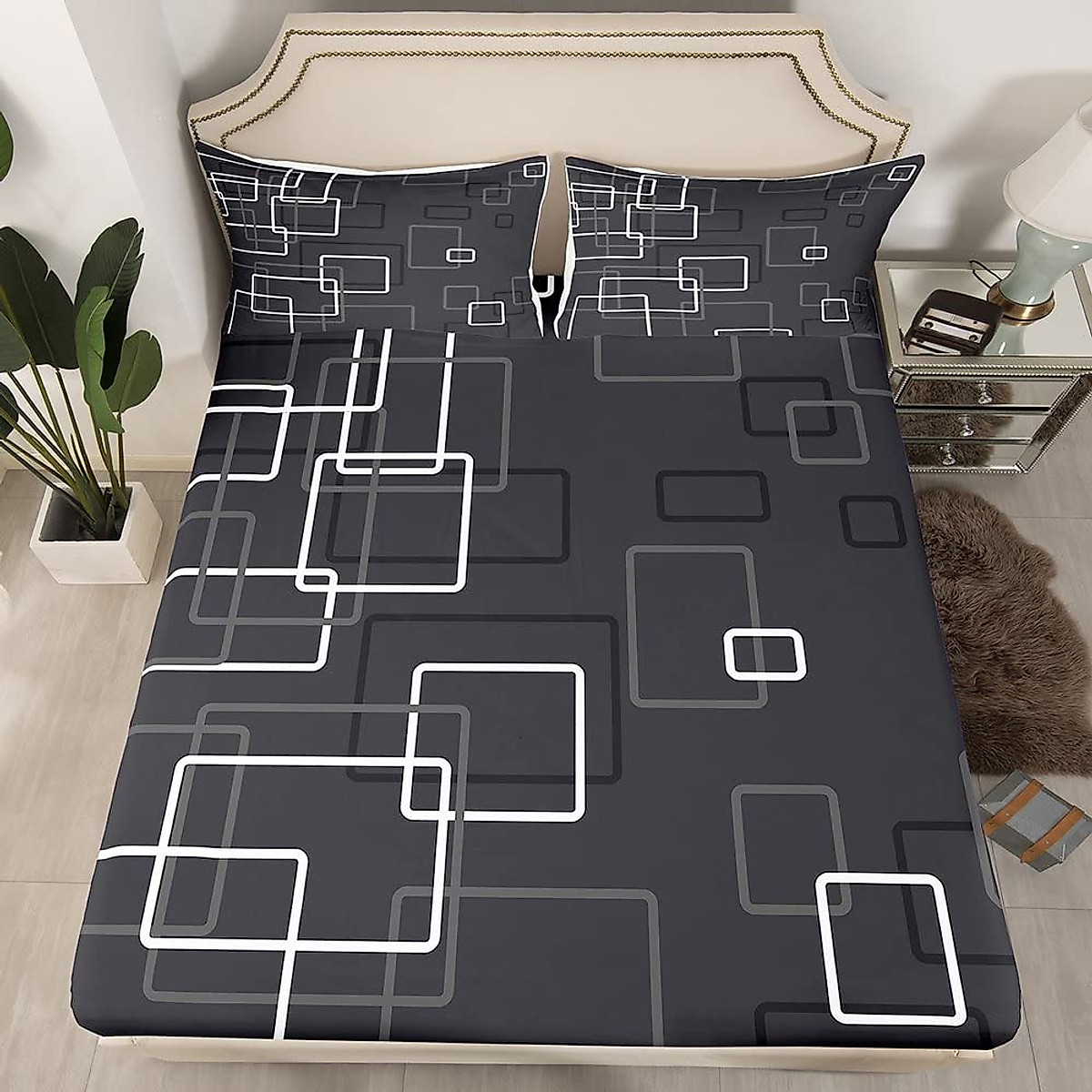 Black Grey White Sheet Set,Geometric Square Bed Sheets for Kids Boys Girls,Geometry Ombre Stripes Bedding Set King,Modern Simple Style Fitted Sheet Wrinkless + Top Sheet + 2 Pillowcases Bedroom Decor