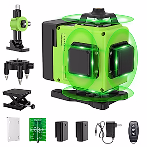 16 Lines Laser Level 360 Self Leveling, 4x360° 4D Green Beam Cross Line Lazer Level with 2 Batteries,360°Horizontal/Vertical Line Laser Remote Control for Tiling Floor Construction and Picture Hanging