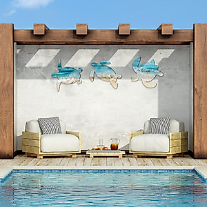 Tatuo Summer Coastal Wall Decor Beach Wall Art Decor Blue Sea Turtle Surfboard Seahorse Starfish Seashell Conches Crabs Sea Life Decor for Bathroom Bedroom Home(3 Pcs, Fresh Turtle Style)