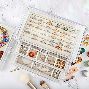 Mebbay Acrylic Jewelry Box with 4 Drawers, Velvet Jewelry Organizer for Earring Necklace Ring & Bracelet, Clear Jewelry Display Storage Case Gift for Woman, Girls Beige White 9.4"x5.3"x7.7"