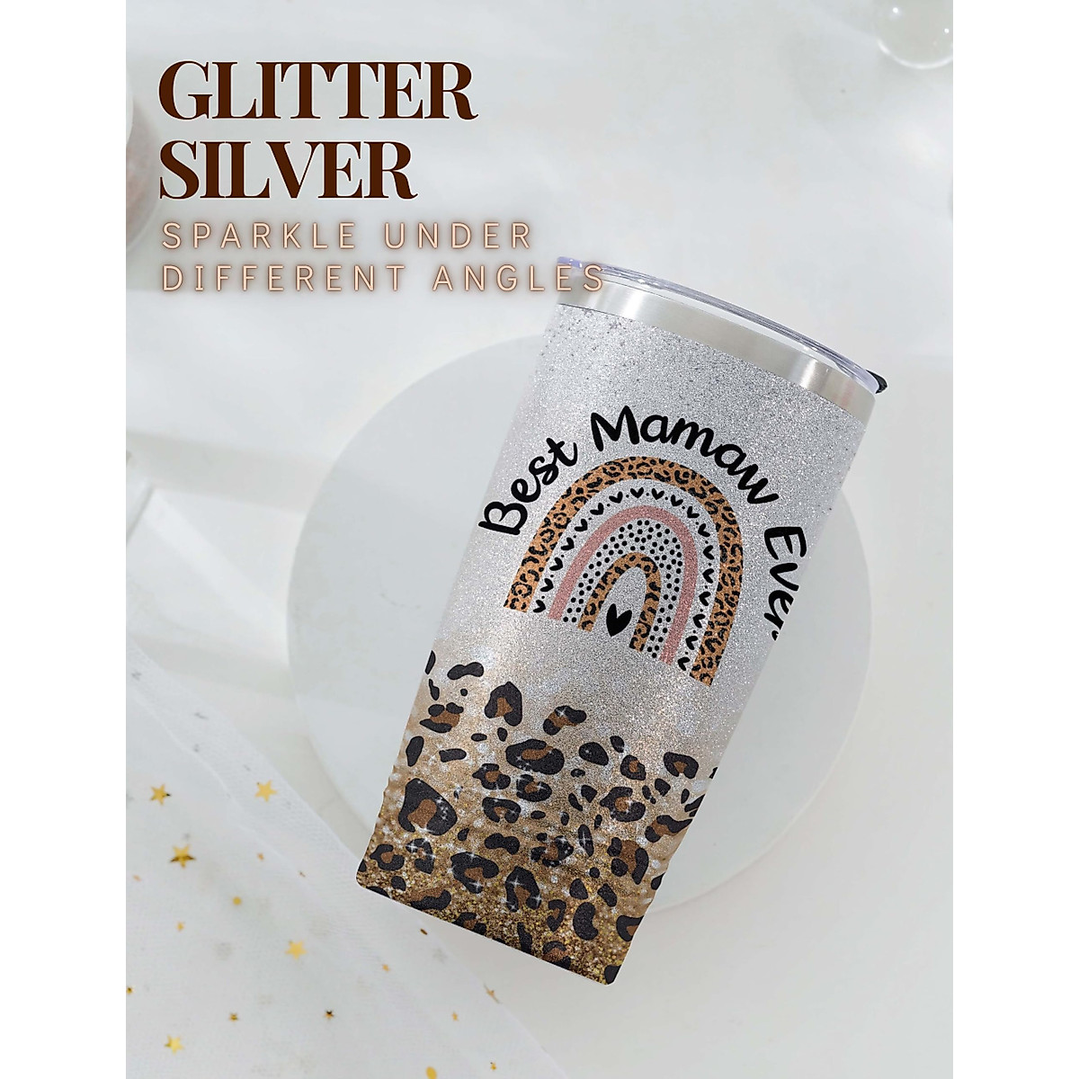 Onebttl Mamaw Gifts from Granddaughter, Grandson, Insulated Stainless Steel Wine Tumbler with Lid and Straw, for Grandma on Mother's Day, Birthday, Christmas, Best Mamaw Ever, Glitter Silver, 20 oz