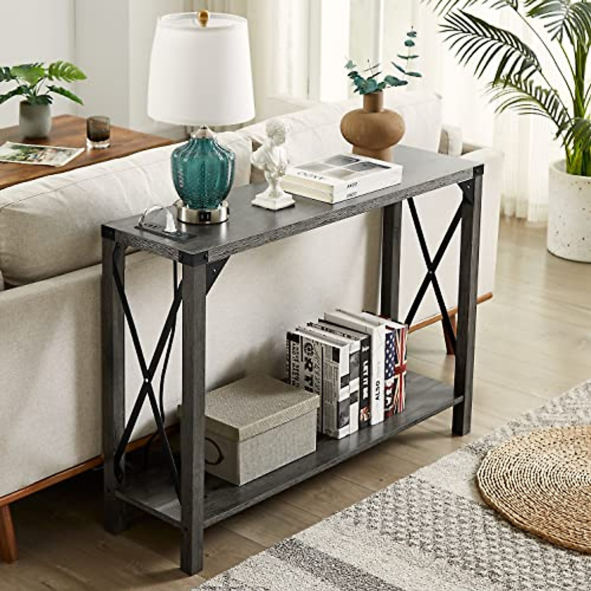 IRCPEN 42.5" Entryway Table with Charging Station, 2-Tier Skinny Sofa Table with Outlet, Industrial Console Table for Entryway, Living Room, Hallway, Foyer (Grey, 42.9" D x 11.8" W x 29.9" H)