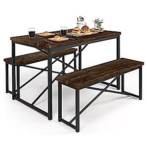 CAPHAUS 3 Pieces Dining Table Set for 4 w/Benches, Rectangular Dining Room Set, Modern Wood Bench Dining Room Table Set, Metal Frame Space-Saving Dining Set, Dining Table w/Two Benches, Brown Oak