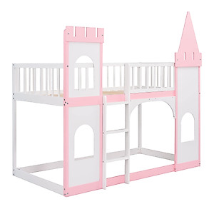 Harper & Bright Designs Low Bunk Bed Twin Over Twin, Wooden Bunk Bed Frame for Kids Girls Boys, Castle Shape Design (Pink)