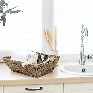 Graciadeco Hand Woven Seagrass Baskets with Wooden Handles Large Natural Shallow Wicker Storage Basket for Organizing Irregular Rectangle, 2 Pack