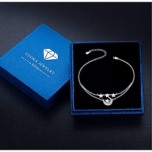 AOVEAO Star and Moon Bracelets 925 Sterling Silver Crescent Star Bracelets Star Moon Layered Anklet Bracelet Jewelry for Women