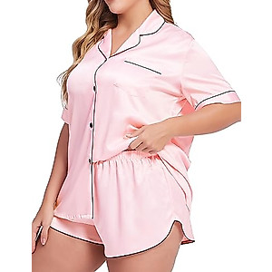 SWOMOG Women's Satin Plus Size Pajamas Silk Short Sleeve Pjs Sets Button Down Silk Sleepwear 2 Piece Bridal Pjs Loose Outfits Pink